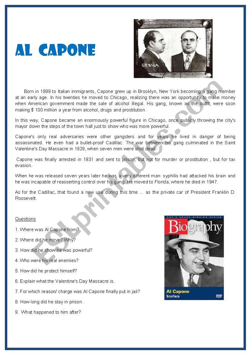 Reading Comprehension NÂ°1. AL CAPONE. Questions with KEYS. - ESL ...
