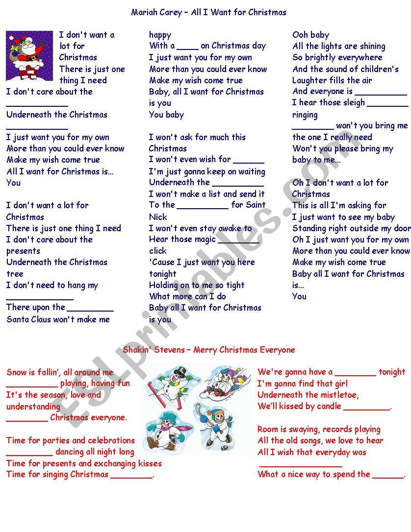 Christmas songs - Mariah Carey and Shakin´ Stevens - ESL worksheet by ...