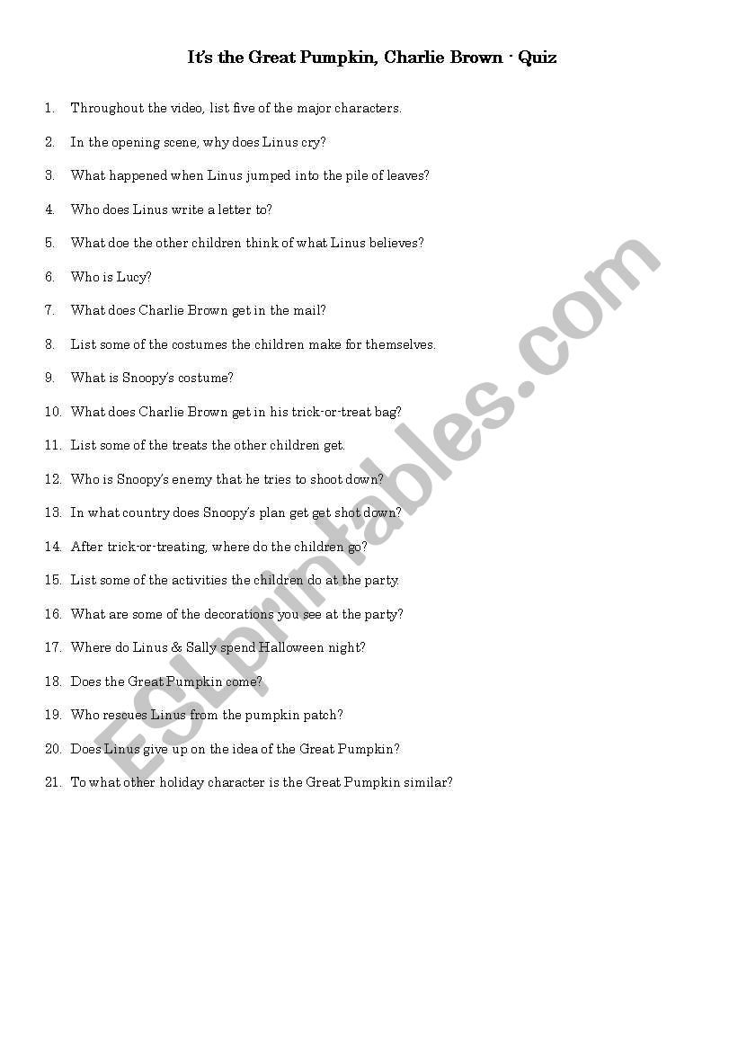 English worksheets: It´s the Great Pumpkin Charlie Brown - Quiz