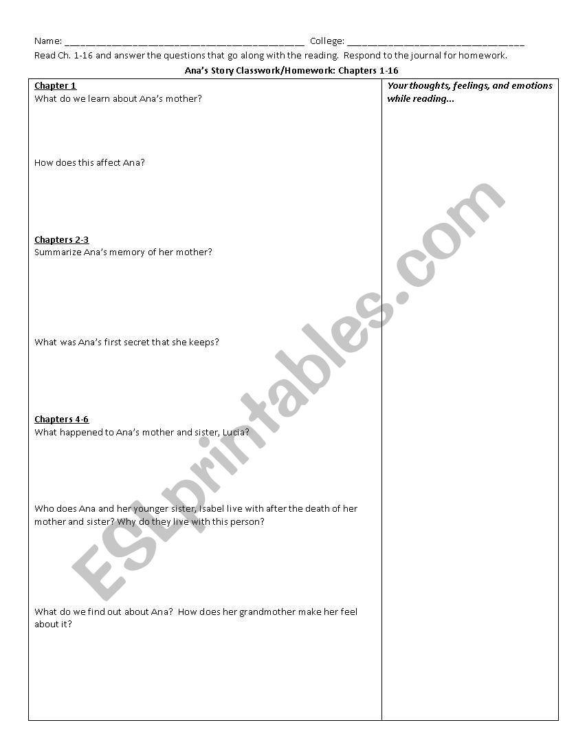 English worksheets: Ana´s Story Comprehension Questions Ch. 1-14