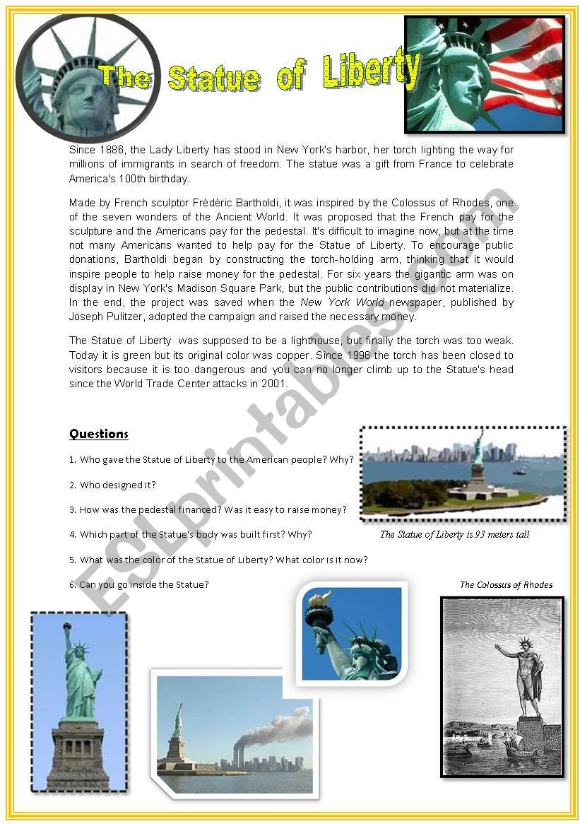 Reading comprehension NÂ°5. THE STATUE OF LIBERTY - ESL worksheet by vero39