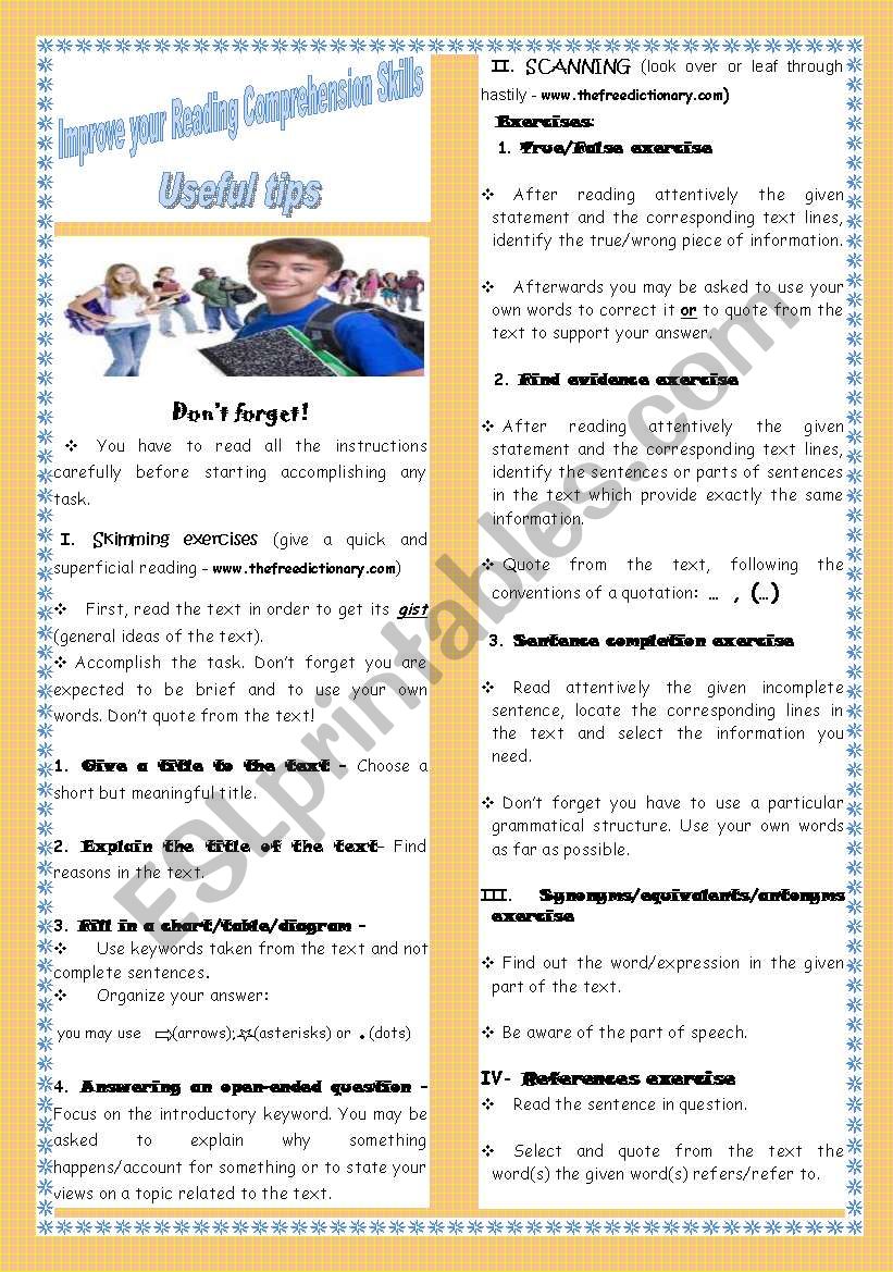 IMPROVE YOUR READING SKILLS USEFUL TIPS ESL Worksheet By Teresapr