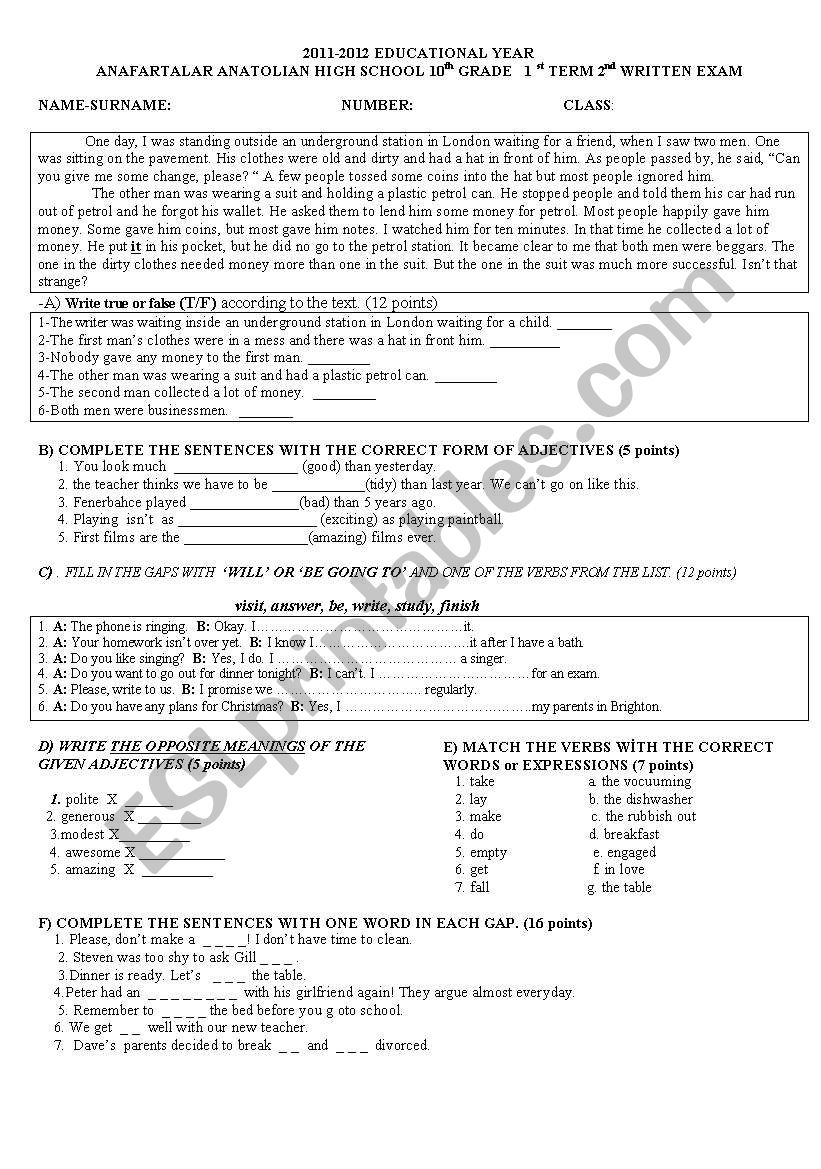19th grade 1st term 2nd wrÃ½tten exam *2011-2012* - ESL worksheet by ...