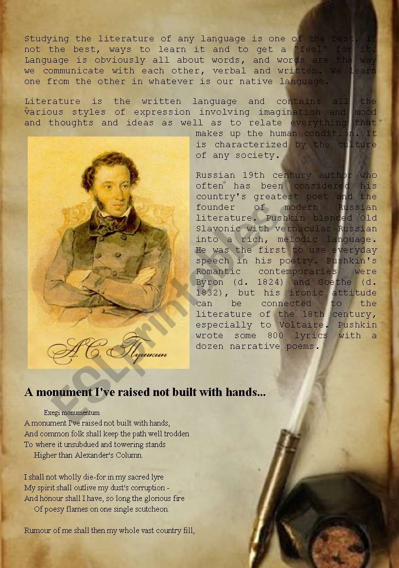 The analysis of one of the Pushkin´s poems - ESL worksheet by rohe23