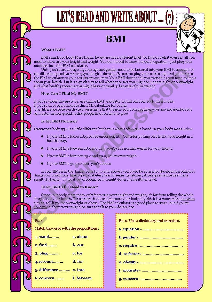 Let´s read and write about ....(7) - BMI - ESL worksheet by Myszka