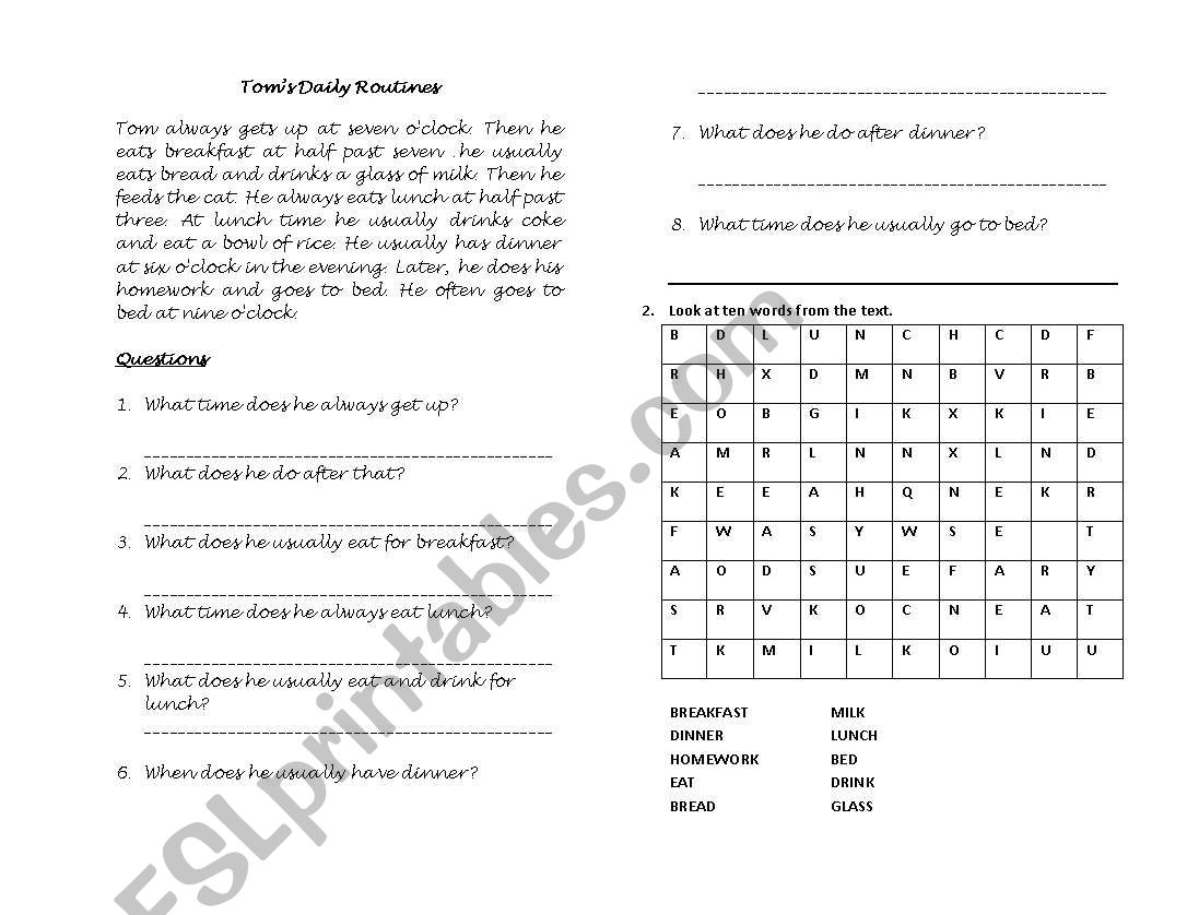 Tom’s Daily Routines - ESL worksheet by ppcal