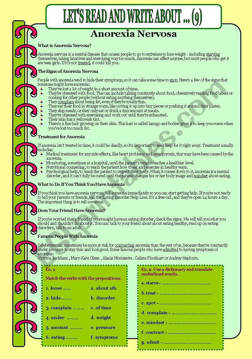 Let´s read and write about ....(9) - Anorexia nervosa - ESL worksheet ...