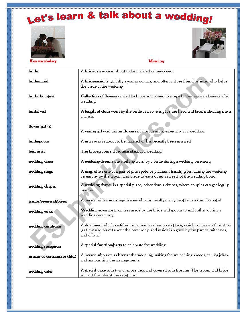 Let´s learn and talk about a wedding! - ESL worksheet by heinchina