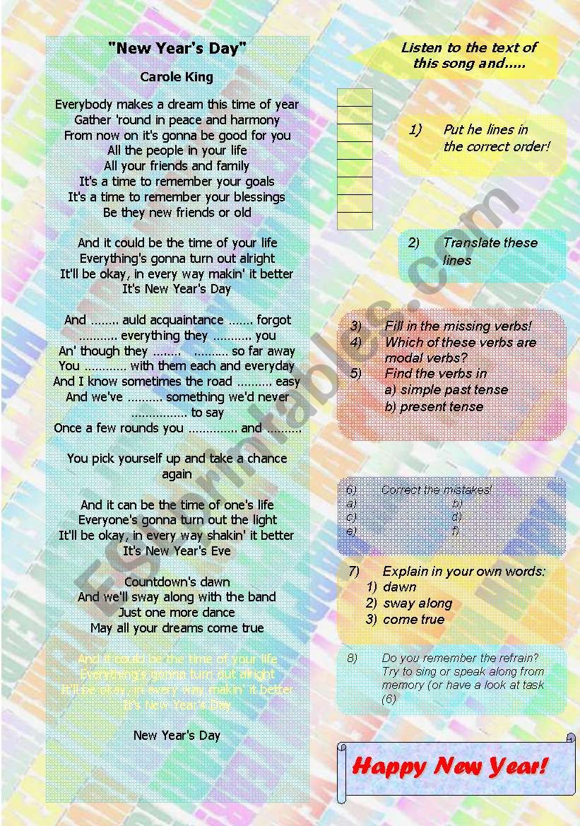 New Year´s Day - Carol King (Song) with different tasks - ESL worksheet ...