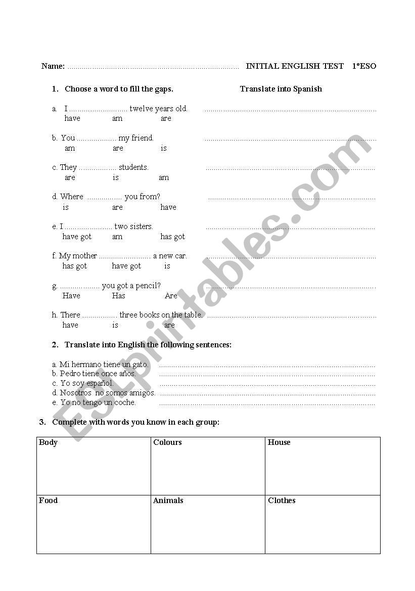 Initial English Test 1º ESO - ESL worksheet by mariajoserl