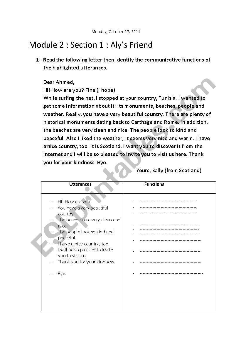 Aly´s friend: Identifying functions - ESL worksheet by sharfeddine