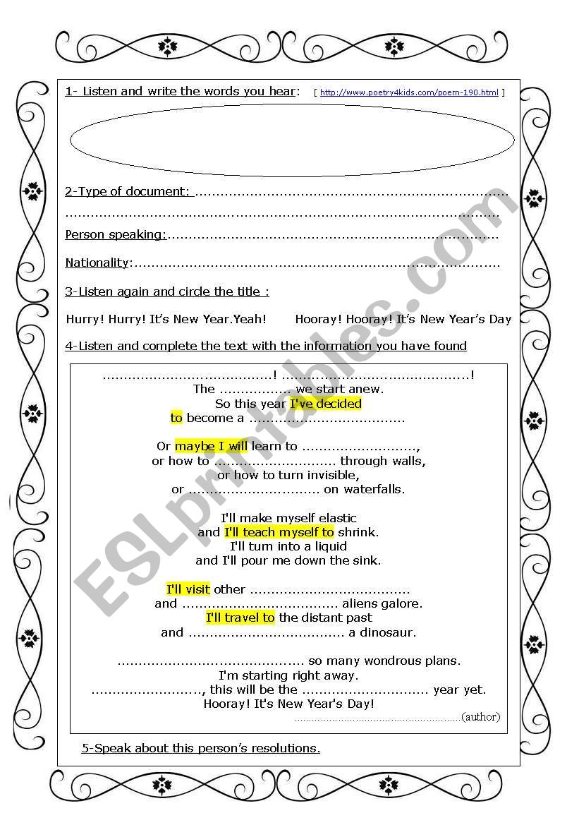 New Year´s Resolutions POEM - ESL worksheet by Aurore