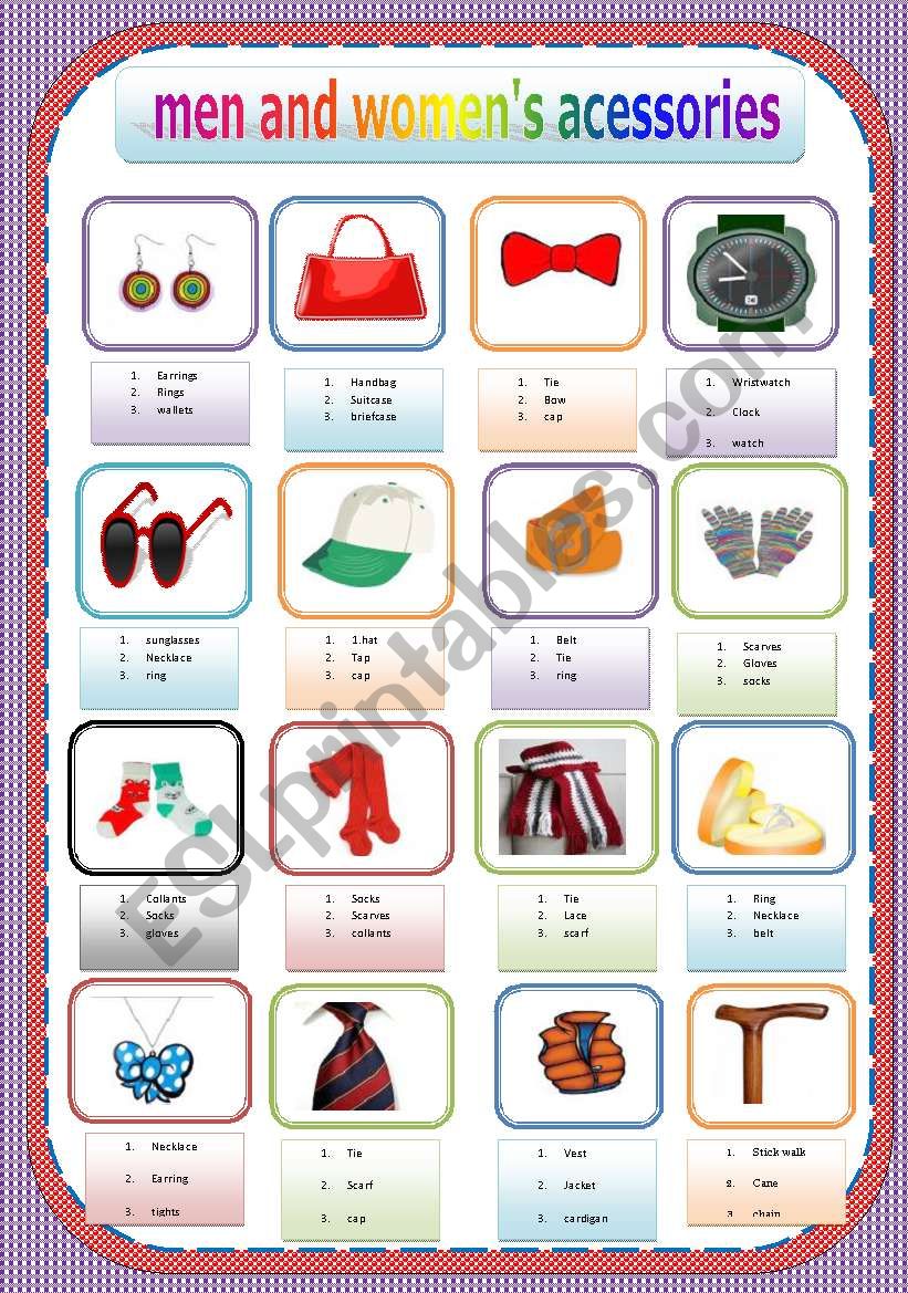 men and women´s acessories - ESL worksheet by ascincoquinas