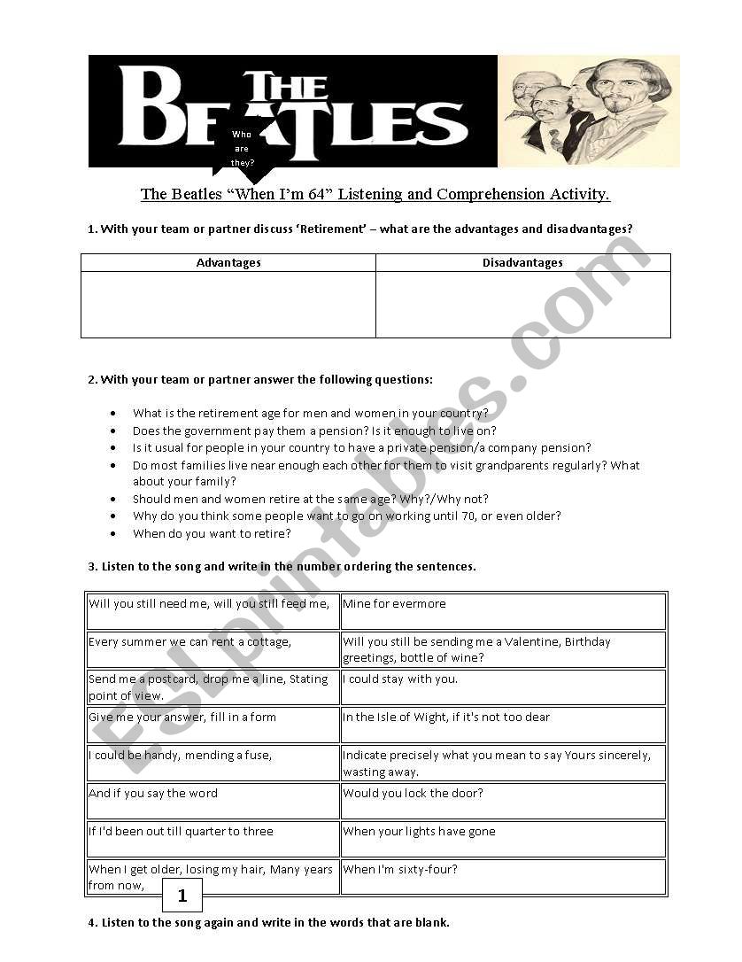 The Beatles - When I´m 64 Worksheet - ESL worksheet by pyes