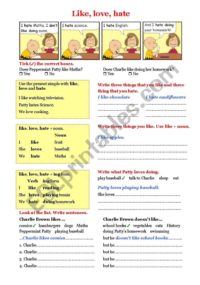 Grammar - LIKE/DONÂ´T LIKE - LOVE/HATE - ESL worksheet by robirimini