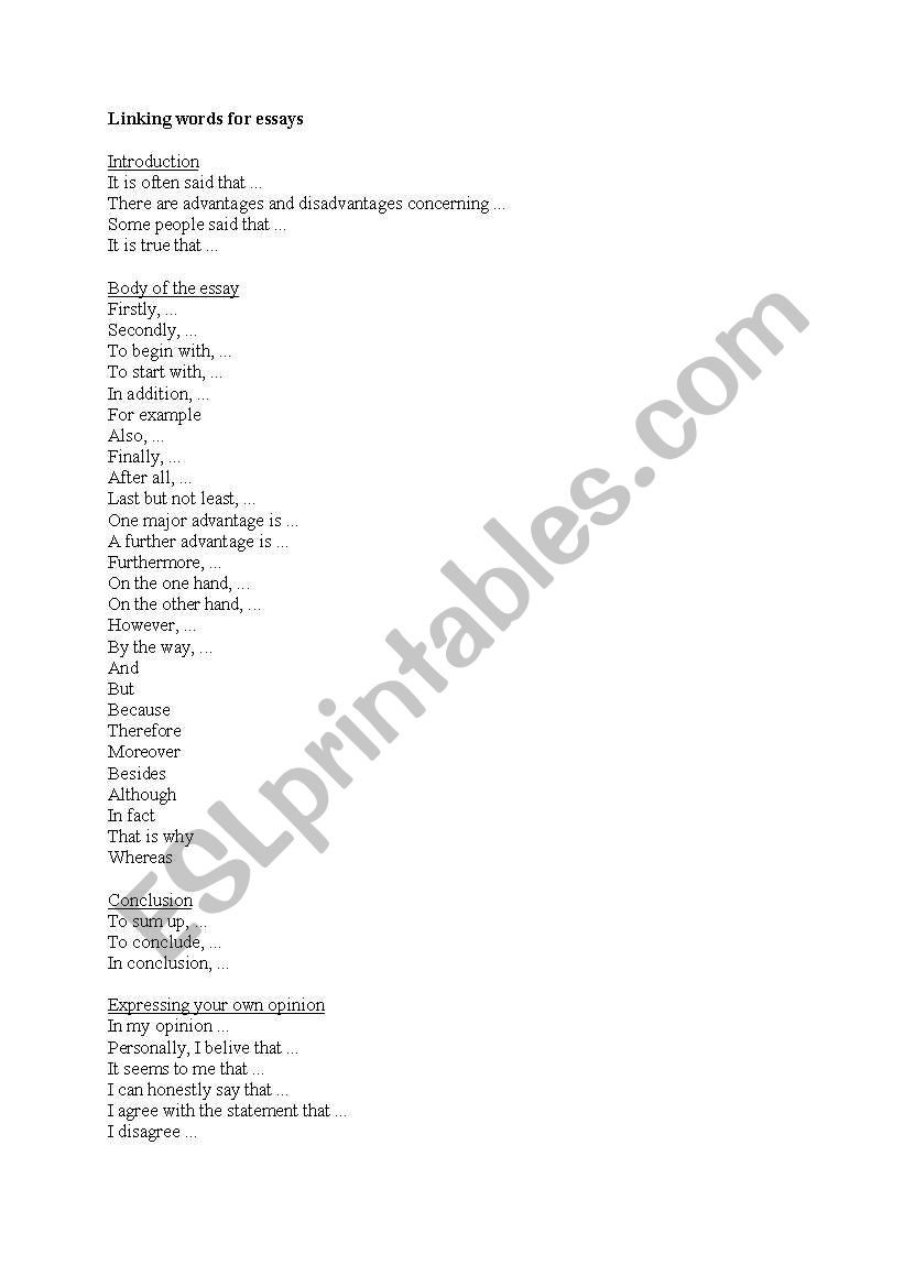 Linking words for essays - ESL worksheet by Mammu100