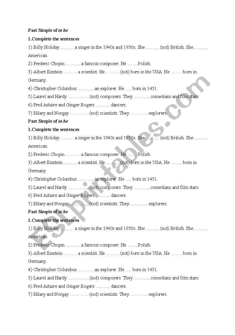 Past Simple of verb "to be" - ESL worksheet by evelk82