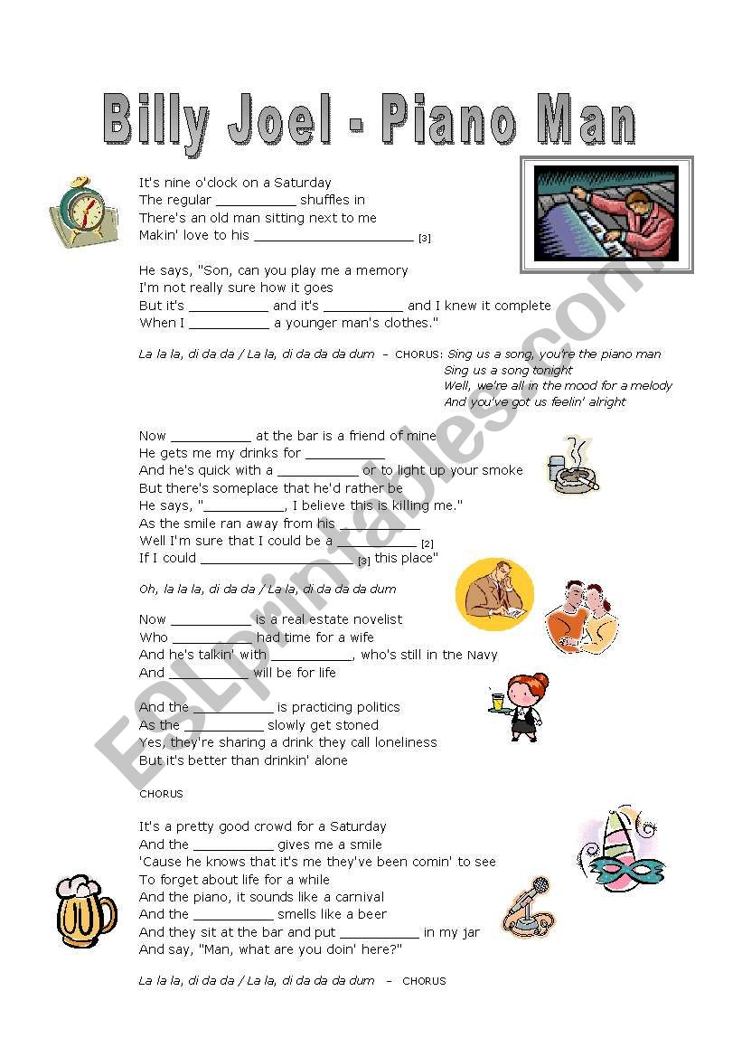 Billy Joel´s song "Piano Man" - ESL worksheet by costales70