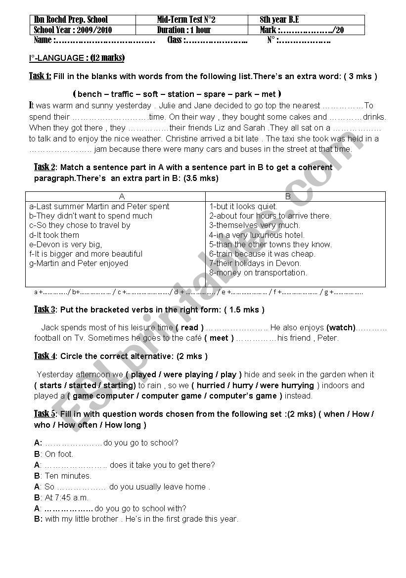mid-term test nÂ°2 8th form - ESL worksheet by loujein