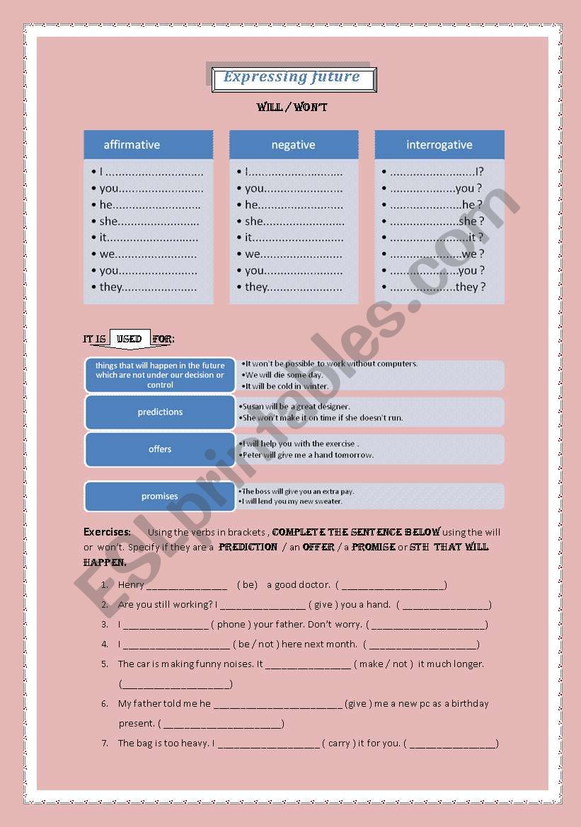 Expressing future with will/won´t - ESL worksheet by marmo
