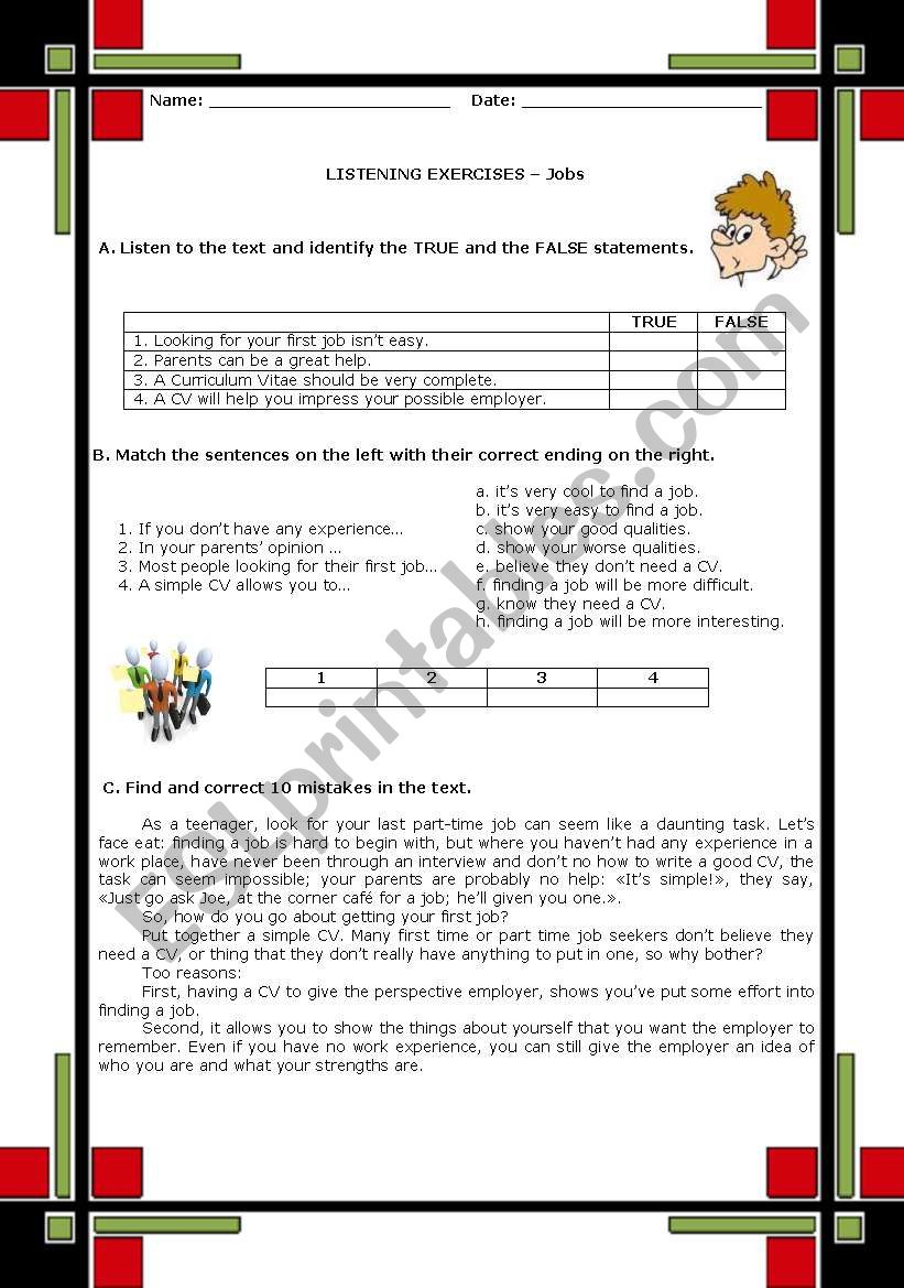 My first part time job - listening - ESL worksheet by Mariana0712 My first part time job - listening - ESL worksheet by Mariana0712