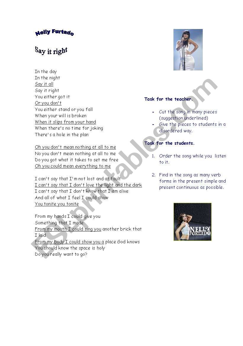 Song Nelly Furtado ´Say It Right´ - ESL worksheet by encagg