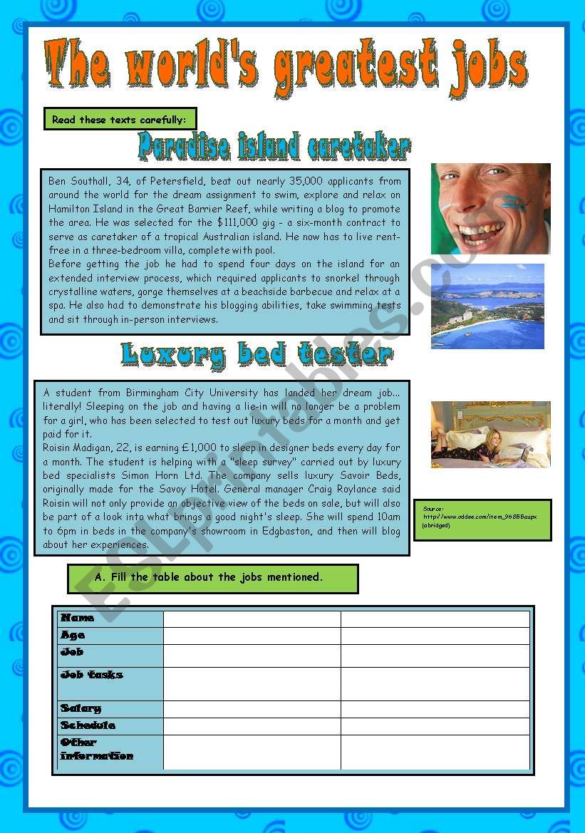 The world´s greatest jobs - ESL worksheet by Ana B