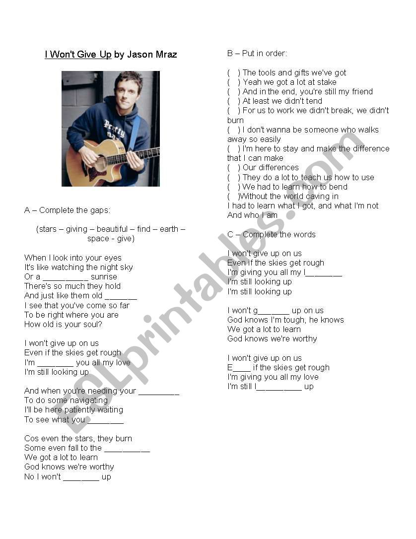 I won´t give up - Jason Mraz - ESL worksheet by teacherfer