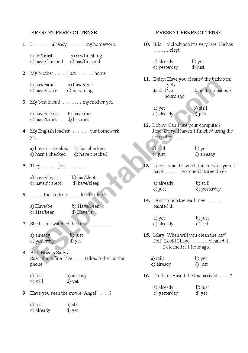 Present Perfect Tense multiple Choice Test ESL Worksheet By Simgesimge