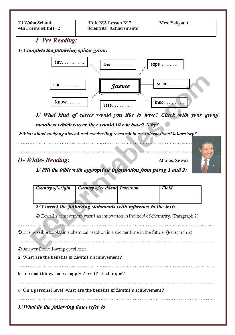 Lesson n°7:Scientists´ achievements. - ESL worksheet by om aziz