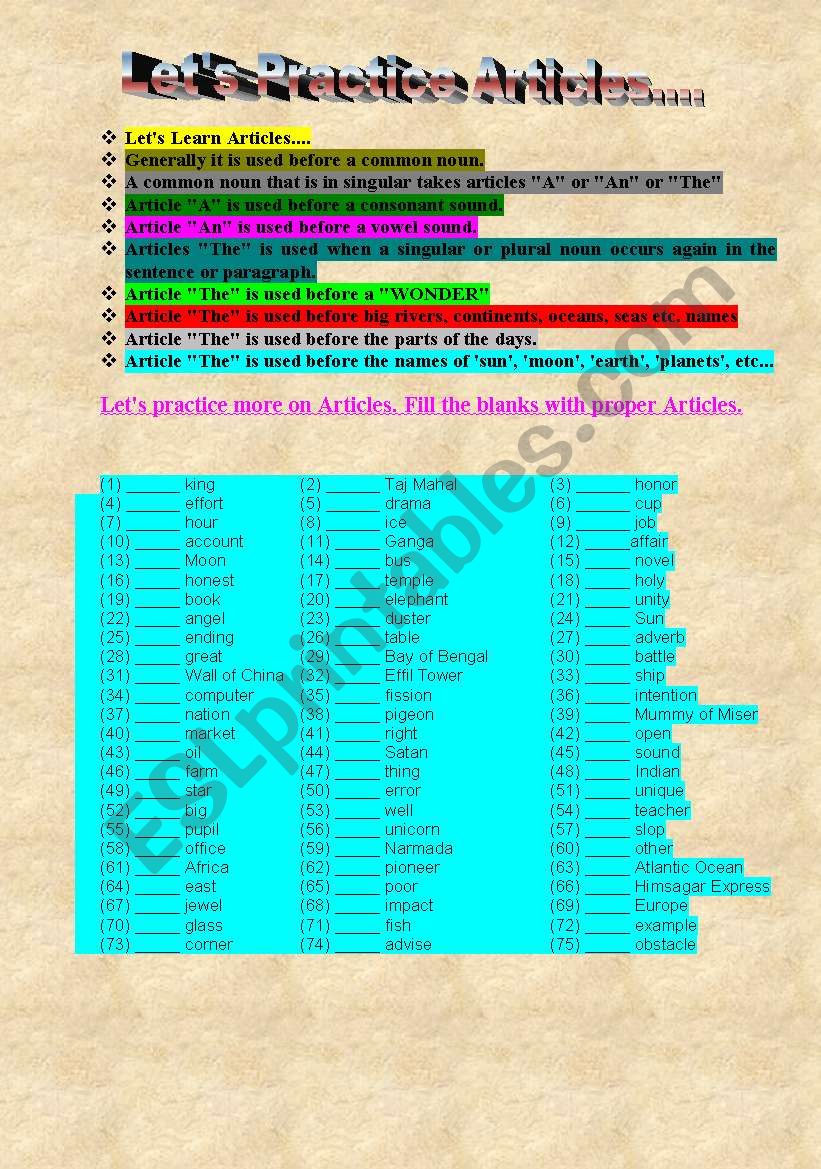 Let´s learn Articles..... - ESL worksheet by maheshkathiriya