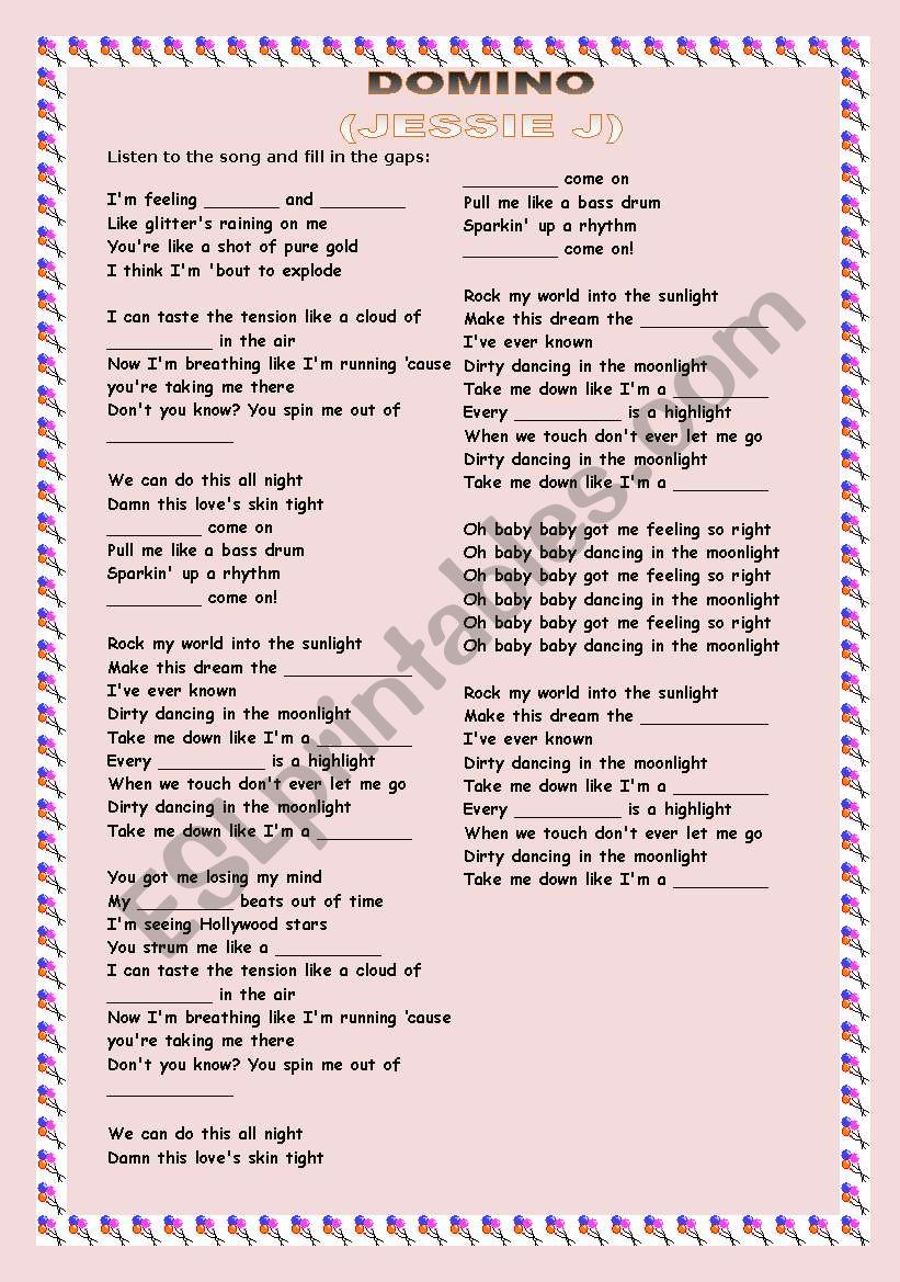 Jessie J, ´Domino´ - ESL worksheet by alasdeangel