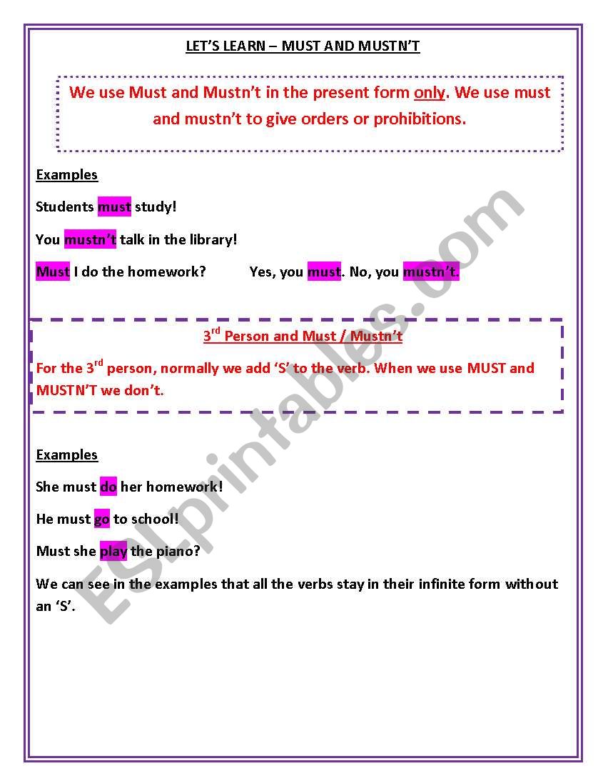 Must and Mustn´t - Explanation and Activity - ESL worksheet by katiedavis