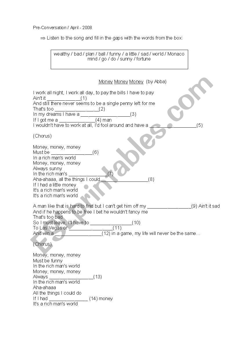 Money, money, money (song by Abba) - Part 1(Student´s) - ESL worksheet ...