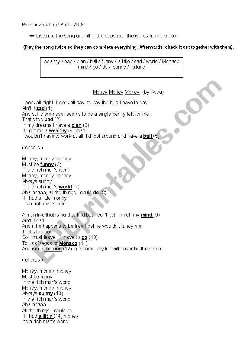 Money, money, money (Song by Abba) - Part 2 (Teacher´s guide) - ESL ...