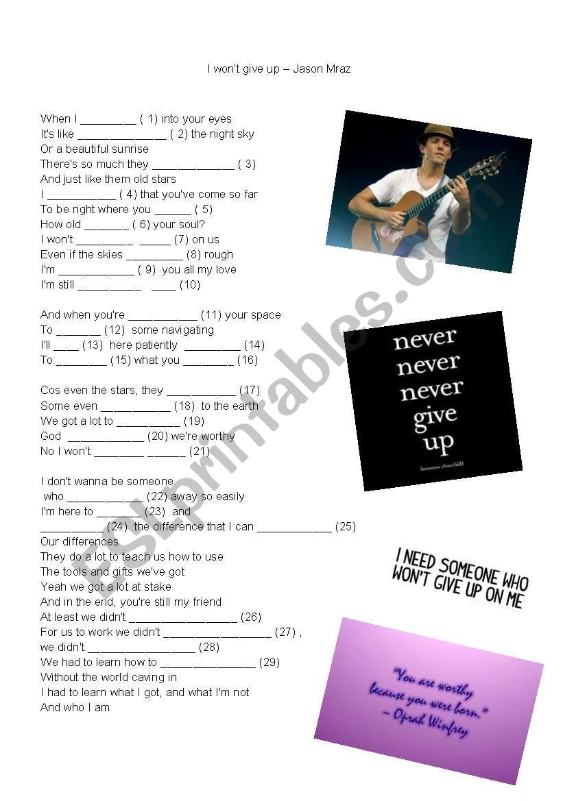 I won´t give up - Jason Mraz - ESL worksheet by carolzinhabrigadeiro