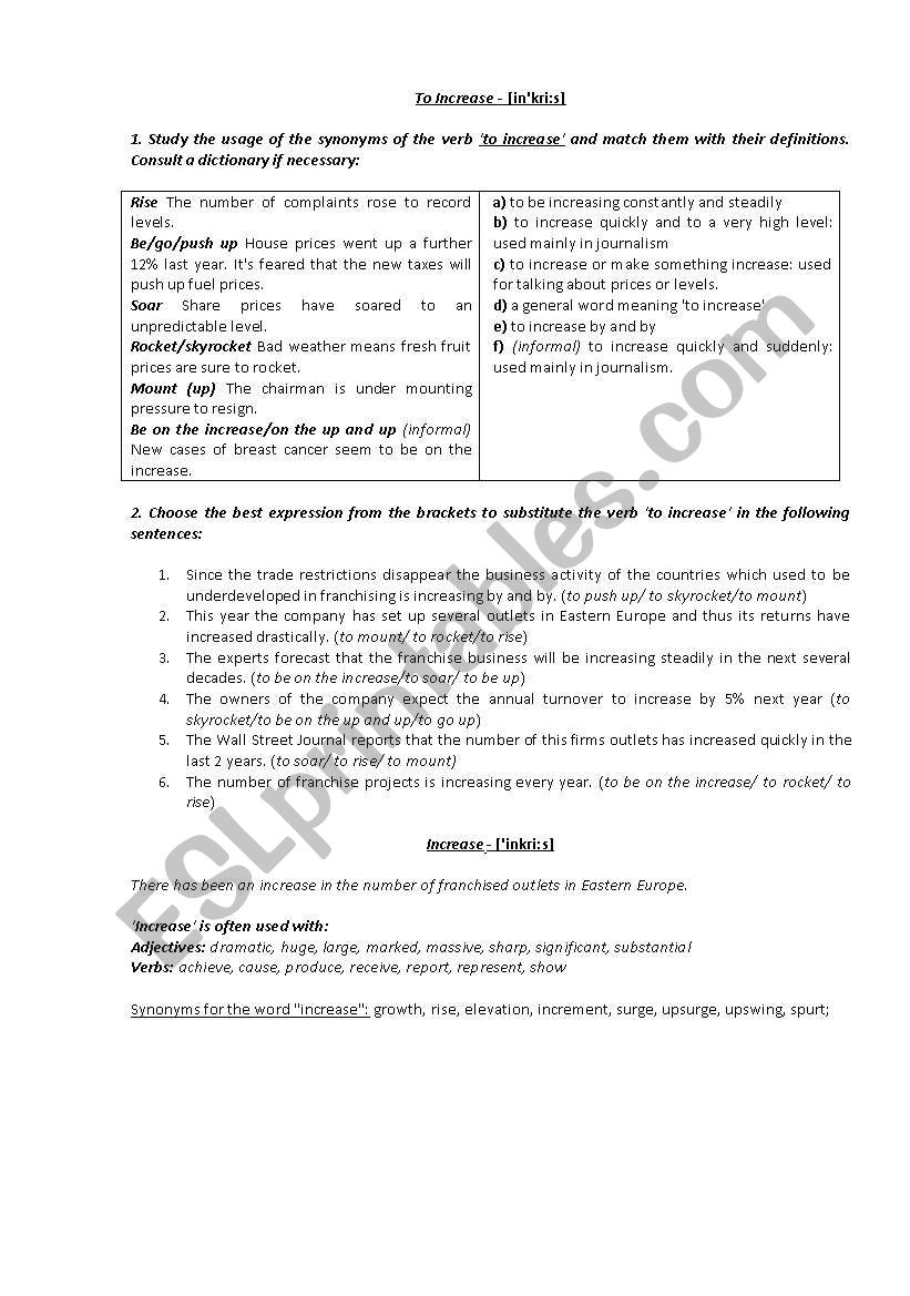 Synonyms for the word ´increase´ (verb & noun) - ESL worksheet by ...