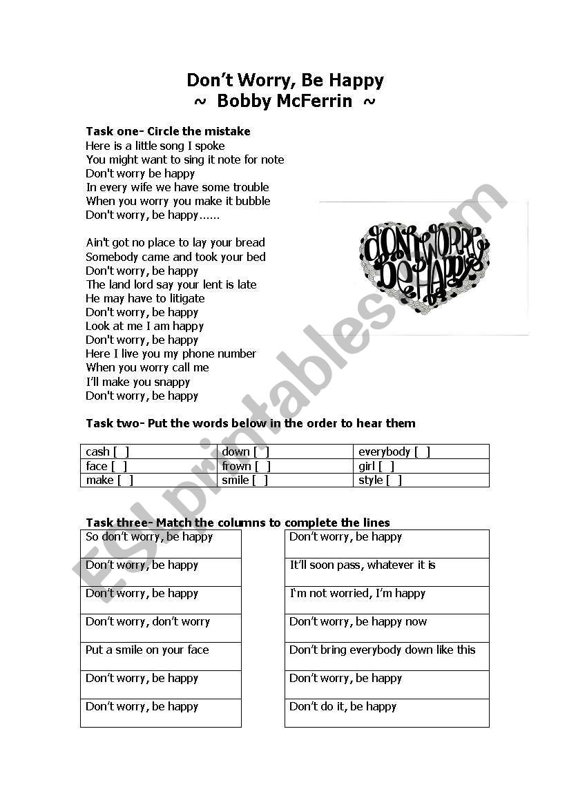 Song: Don´t worry be happy - ESL worksheet by elisestaves
