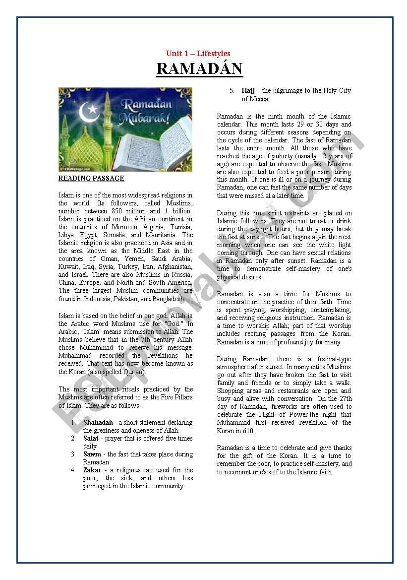 Ramadán - ESL worksheet by Rocionm21