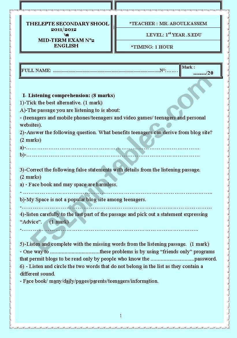 First forms´ 2nd mid-term test - ESL worksheet by ayachi