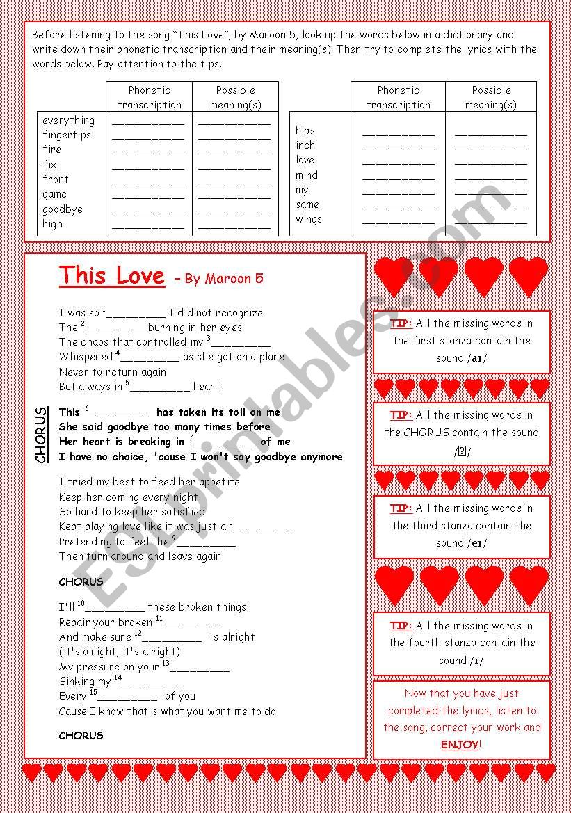Valentine´s Day - This love - Song Activity - ESL worksheet by Nanex