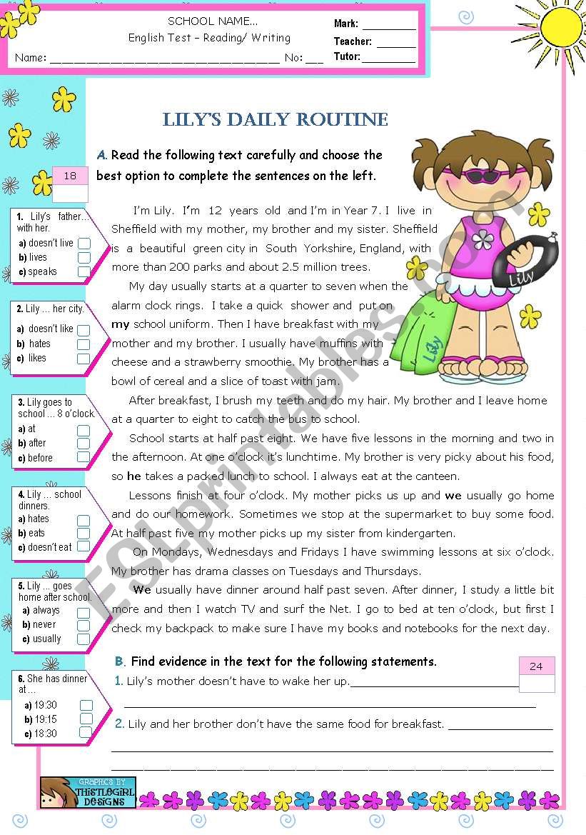 Lily´s Daily Routine - Reading Test - ESL worksheet by mena22