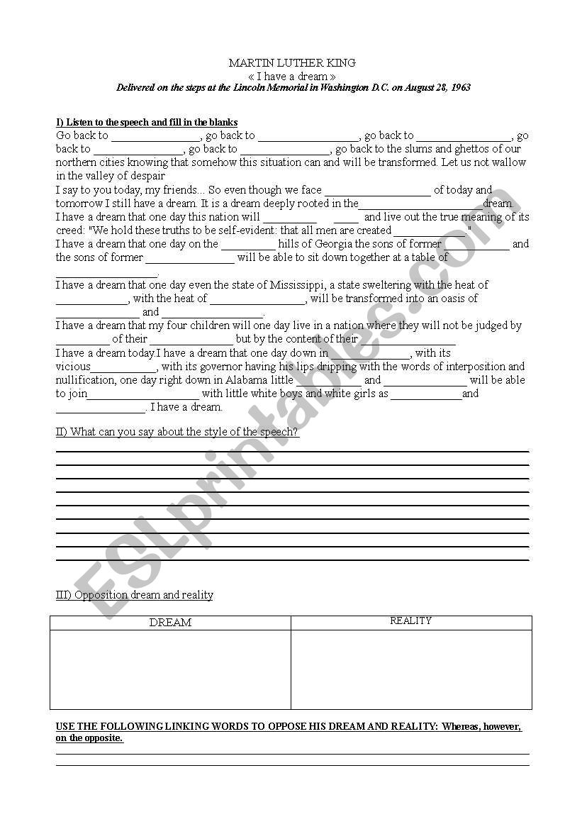 Martin Luther King´s speech I have a dream - ESL worksheet by ylero112