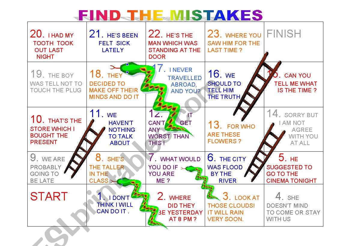 Snakes and ladders nÂº 6 : Find the mistakes - ESL worksheet by aliciapc