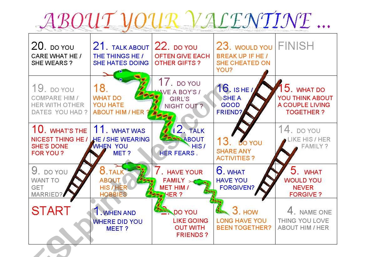 Snakes and ladders nº 7 : Valentine´s day - ESL worksheet by aliciapc