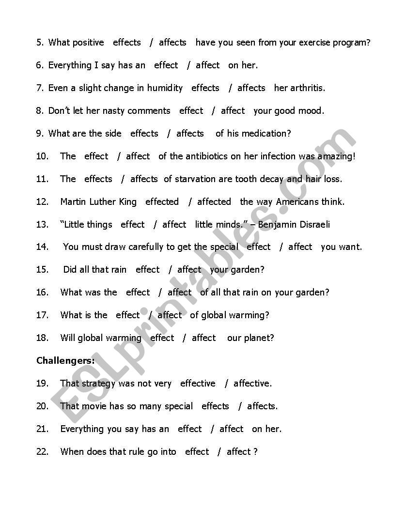 Affect Vs Effect Worksheet English Worksheet Affect Vs Effect | TPT