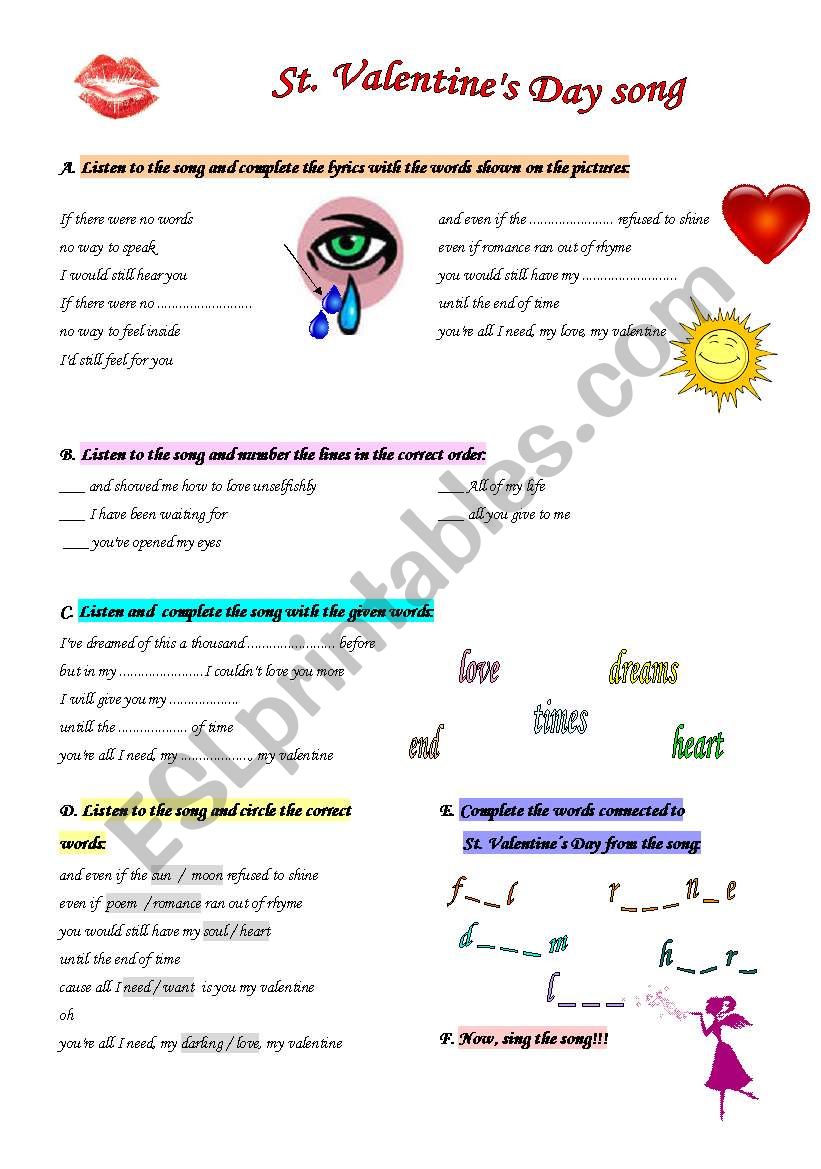 Valentine´s Day song - ESL worksheet by Renata Lioness