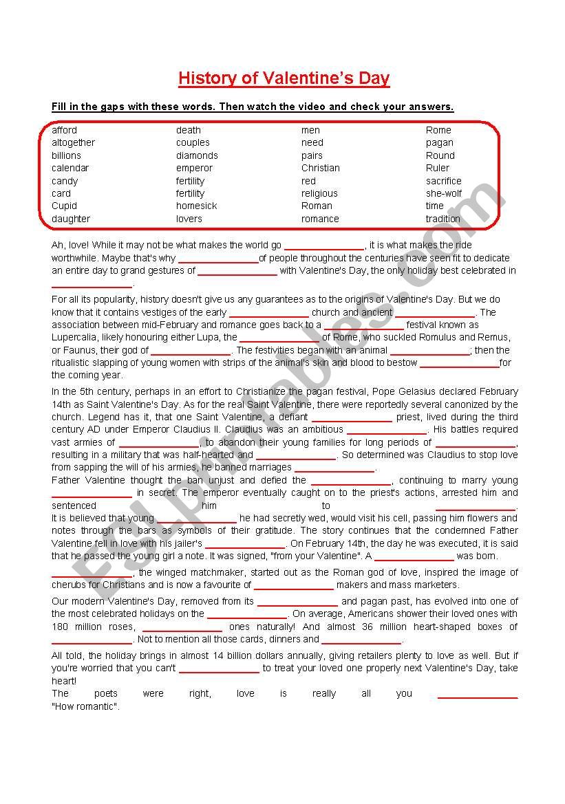 History of Valentine´s Day. Video. - ESL worksheet by btarancon