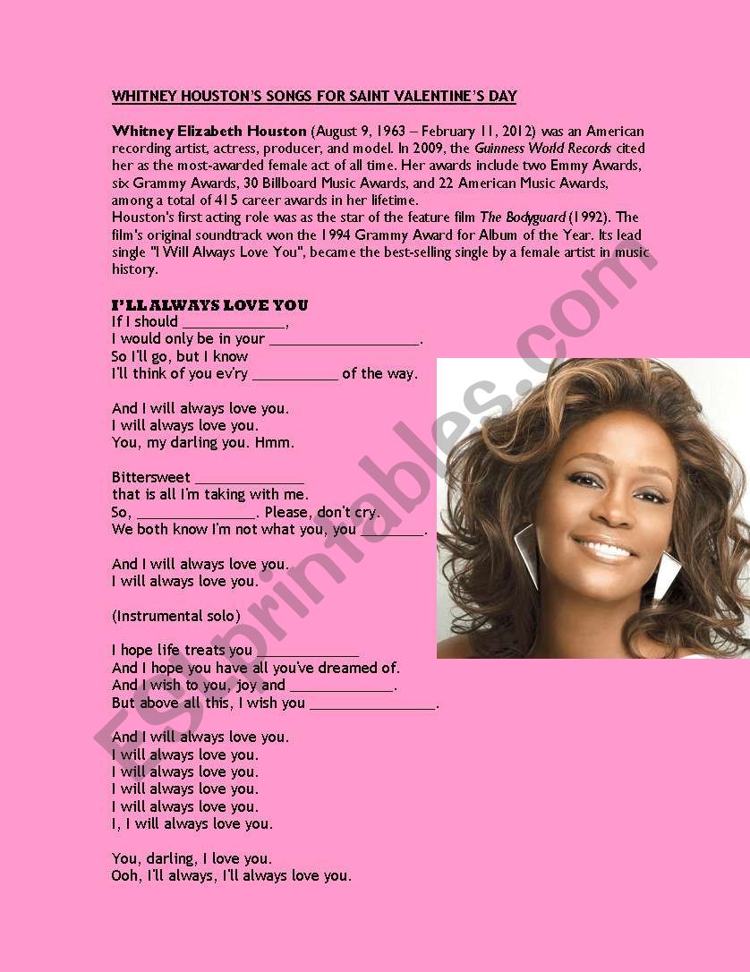 Whitney Houston´s songs for Saint Valentine´s Day - ESL worksheet by inma83