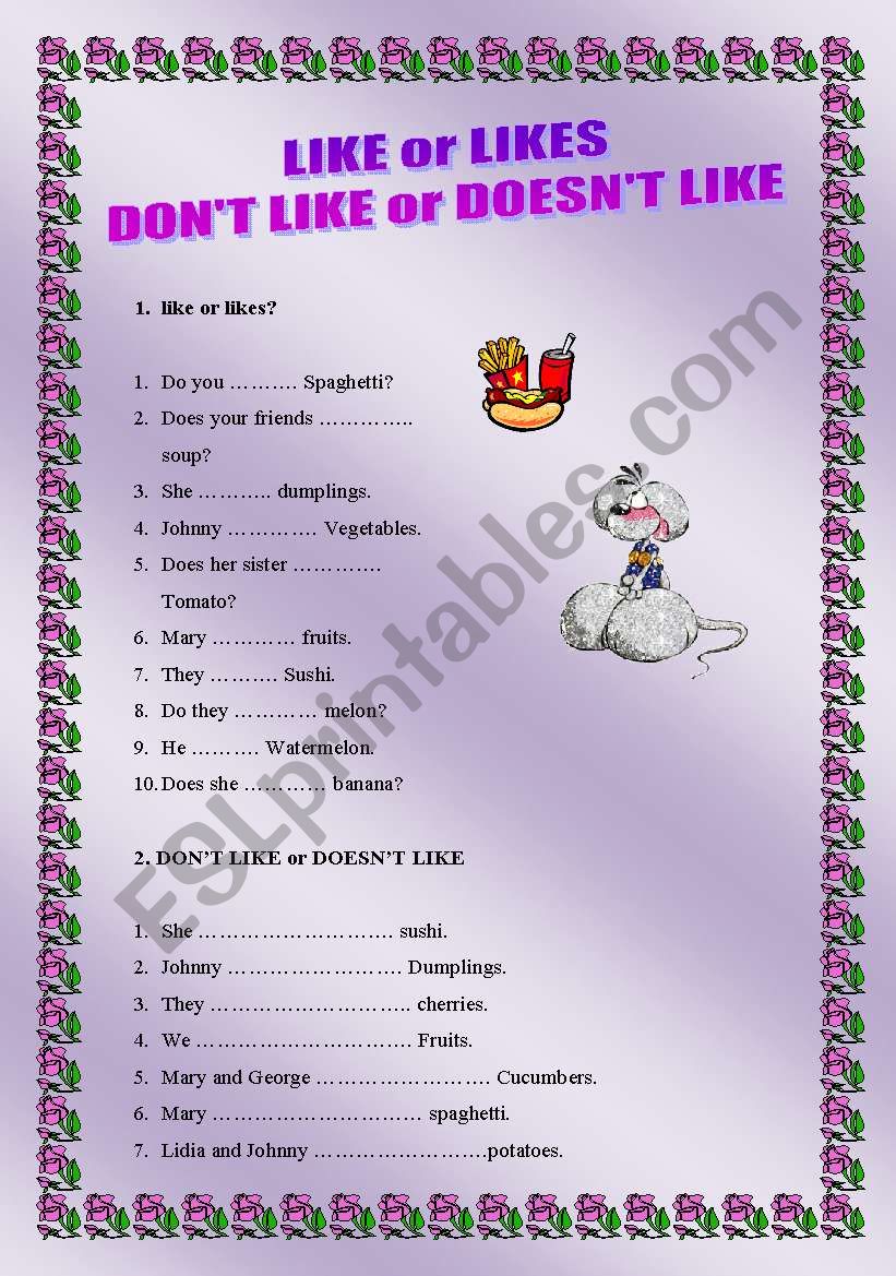 Like Dont Like Food Worksheet